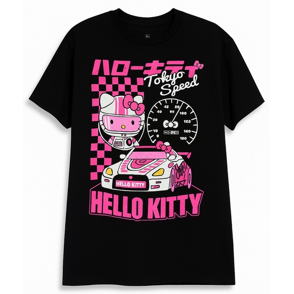 Hello Kitty | Tops | Hello Kitty Black Tee With Pink Racing Design ...